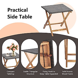 HAPPYGRILL Lounge Chair Table Set Outdoor Acacia Wood Lounge Chair with Wicker Side Table Folding Chaise Lounge with Retractable Ottoman for Garden Balcony Poolside