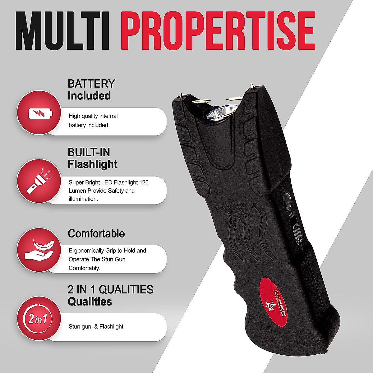 Avenger Defense Stun Gun for Self Defense with LED Flashlight Protection Device (ADS-80B)- (Dark Black)