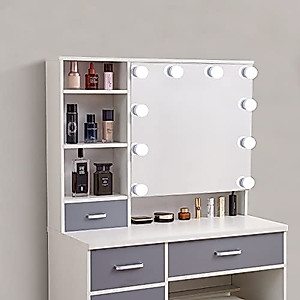 Vanity Set with Sliding Lighted Mirror, Vanity Desk Makeup Vanity Dressing Table with LED Lights, 6 Drawers, Hidden Shelves & Cushioned Stool for Bedroom