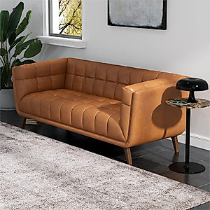 Ashcroft Furniture Co Allen Mid Century Modern Tufted Genuine Leather Sofa in Cognac Tan
