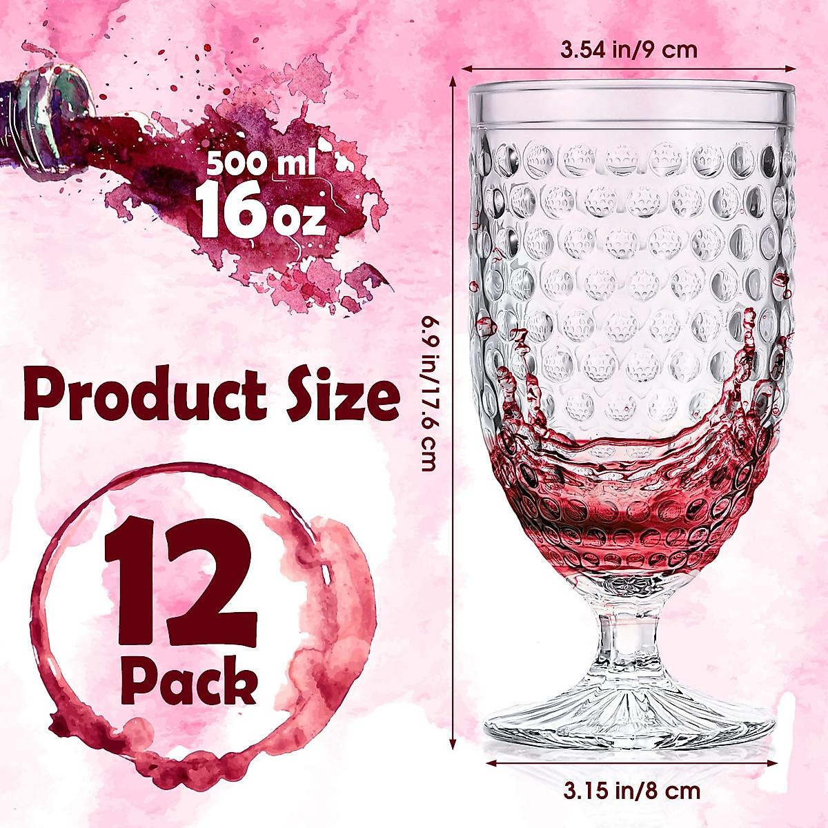 Uiifan 12 Pcs Glass Vintage Goblets 16 oz Large Capacity Polka Dot Embossed Goblets for Wine Juice Glasses Champagne Glasses Party Wedding Bar Supplies