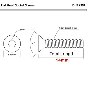 M4-0.7 x 14mm Flat Head Socket Cap Screws Countersunk Bolts, Stainless Steel 18-8 (304), Bright Finish, DIN 7991, Allen Socket Drive, 100 PCS