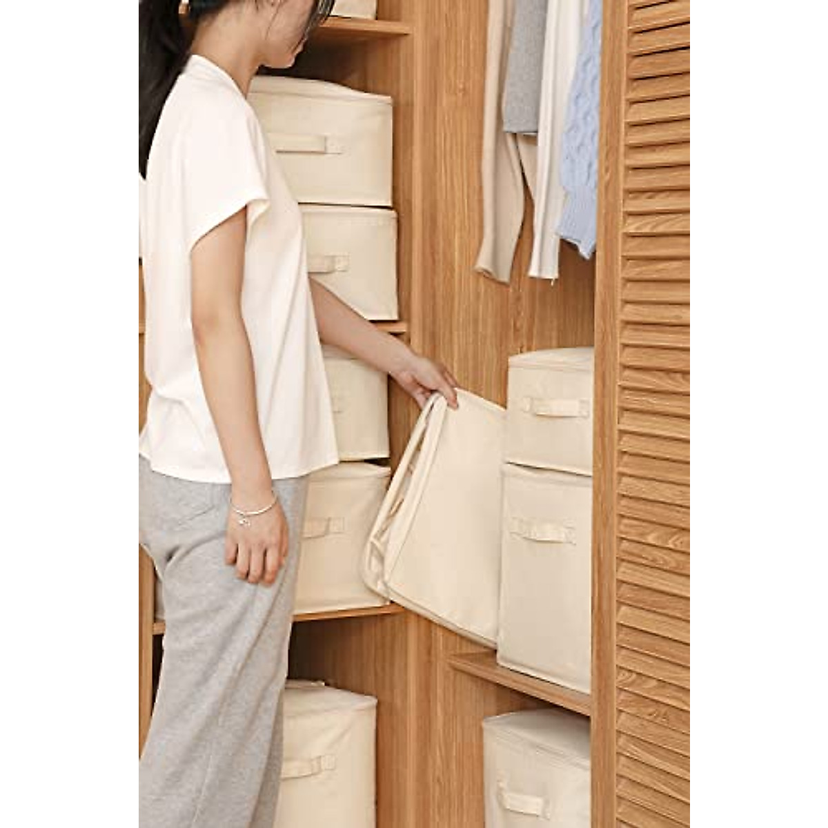 YONBEN Decorative Basket Rectangular Fabric Storage Bin Organizer Basket with Handles for Clothes Storage (13.7 x 13.7 x 6.2, Beige)