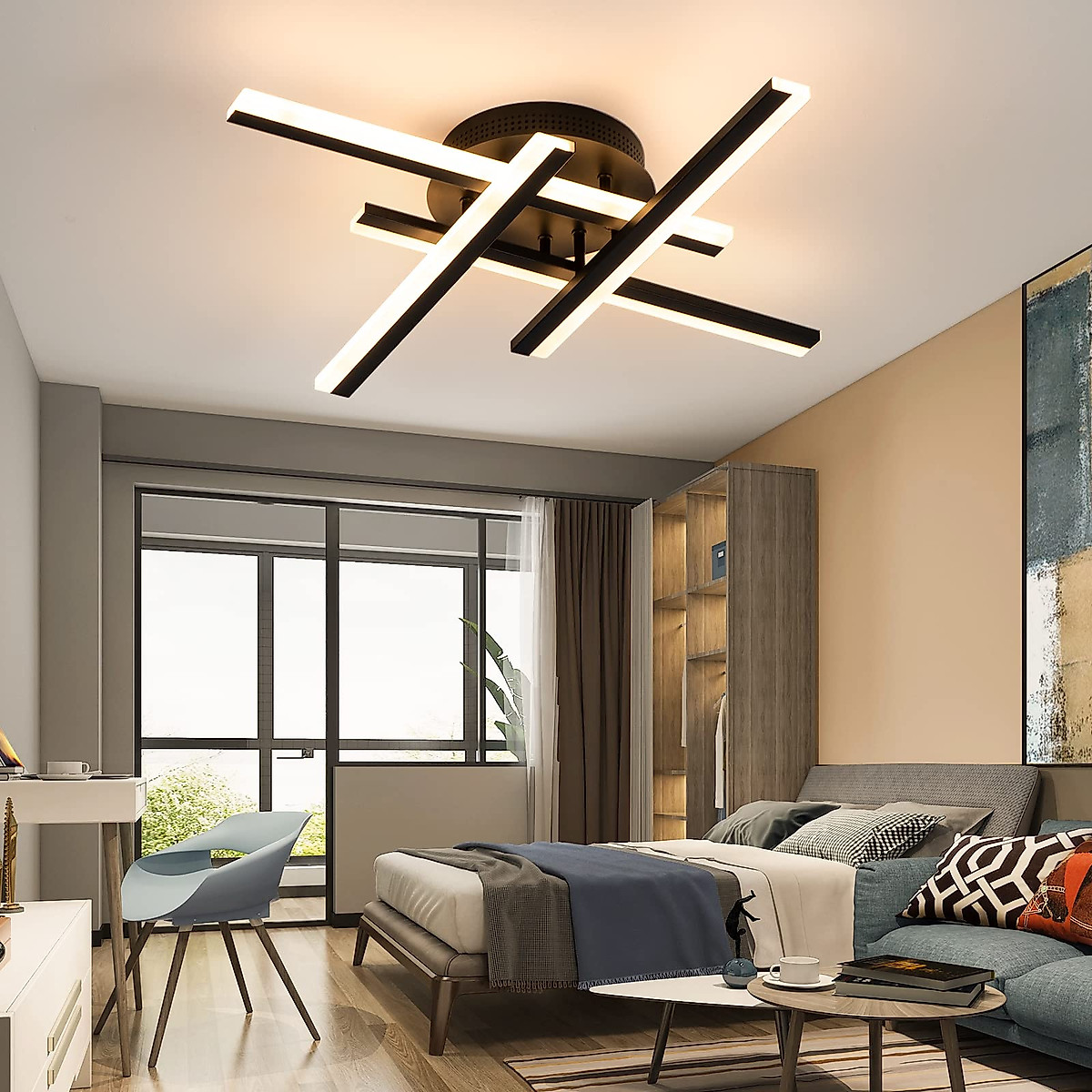 CANEOE Modern Led Ceiling Light, 4-Lights Dimmable Led Ceiling Light Fixture with Remote Control, 40W Black Flush Mount Chandelier Ceiling Lamp for Living Room Bedroom Kitchen Office