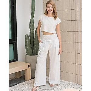 LOFBAZ Women Summer Flowy Cotton Linen Palazzo Wide Leg Pants Beach High Waisted Trousers Boho Long Lounge Pant with Pockets White XL