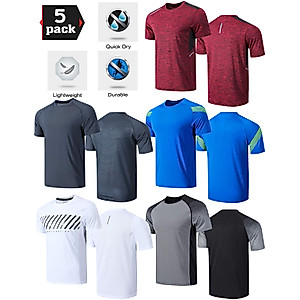 5 Pack Men’s Active Quick Dry Crew Neck T Shirts | Athletic Running Gym Workout Short Sleeve Tee Tops Bulk (Set 2, Large)