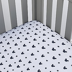 Disney Mickey Mouse 4 Piece Hello World Denim/Star/Icon Nursery Crib Bedding Set, Navy, Grey, White