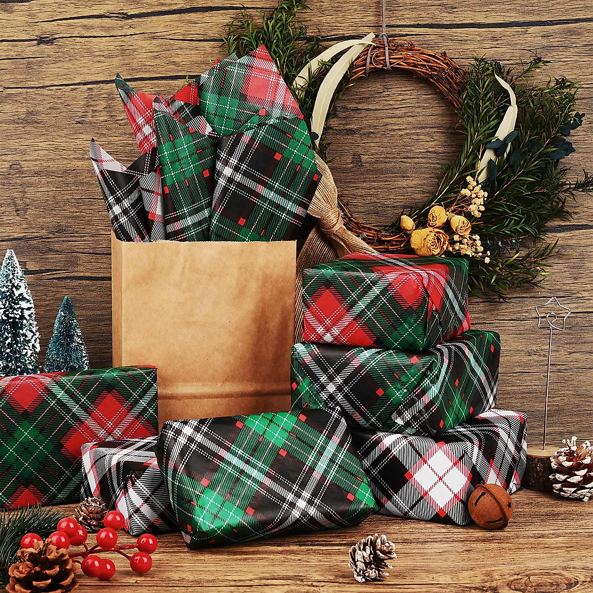 Bolsome 90 Sheets Christmas Buffalo Plaid Tissue Bulk for Gift Wrapping, Red Black White Green Plaid Tissue Paper for Gift Bags, Rustic Tissue Paper for Winter Holidays Xmas New Year DIY Craft