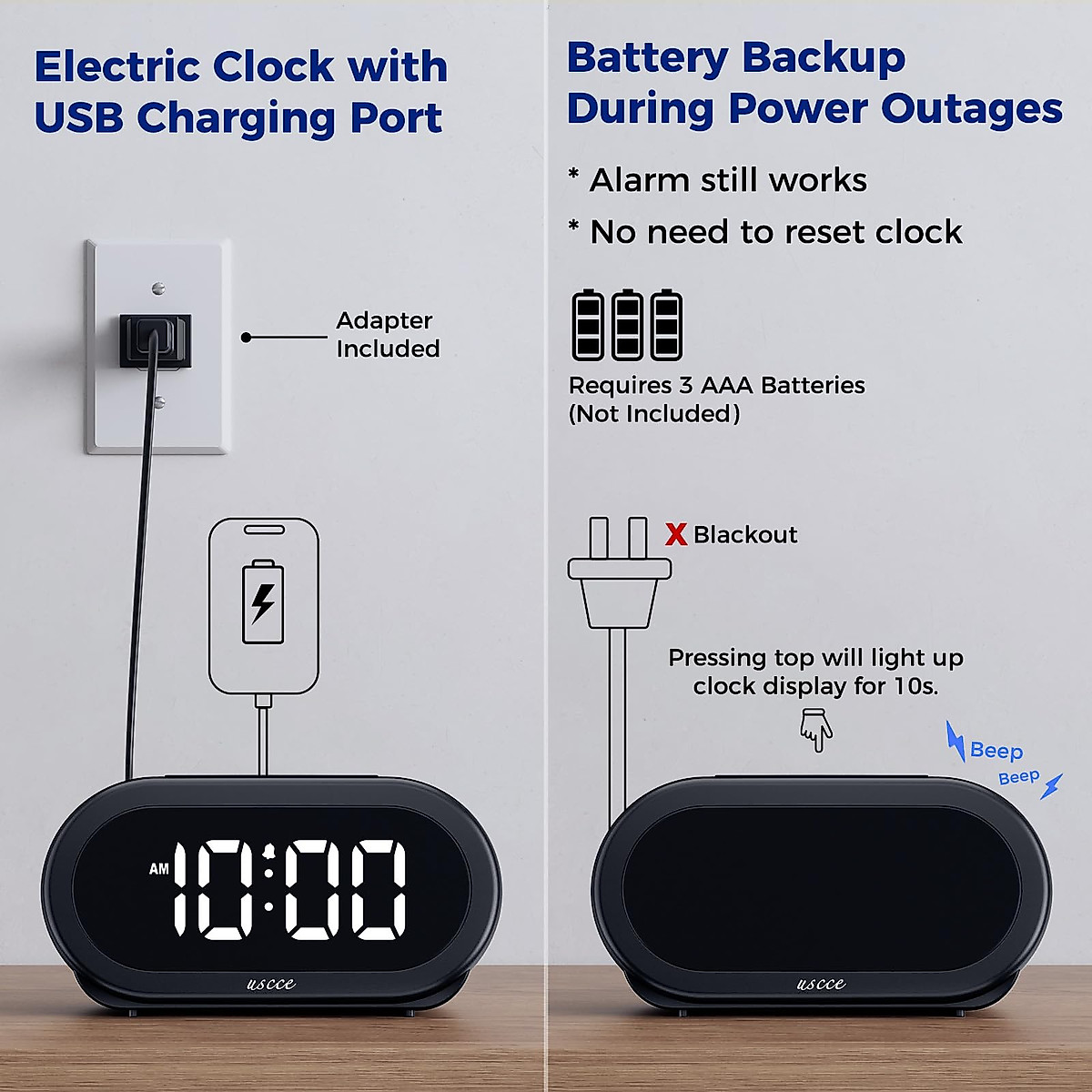 USCCE Small LED Digital Alarm Clock with Snooze, Easy to Set, Full Range Brightness Dimmer, Adjustable Alarm Volume with 5 Alarm Sounds, USB Charger, 12/24Hr, Compact Clock for Bedrooms, Bedside, Desk