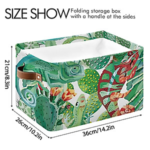 Animal Chameleon Tropical Cactus Storage Bin Canvas Toys Storage Basket Bin Large Storage Cube Box Collapsible with Handles for Home Office Bedroom Closet Shelves,2 pcs