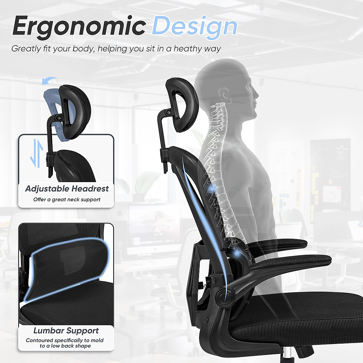 JUMMICO Ergonomic Office Chair, High Back Desk Chair with Adjustable Headrest and Flip-Up Arms, Mesh Computer Chair with Lumbar Support, Gaming Chair, Swivel Task Chair for Home Office, Black