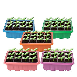 Trendily Inspired 10 Pack Seed Starter Kit with Humidity Dome, 120 Cell Germination Kit, Reusable Plant Sprouting Trays, 10 Colorful Growing Kits Greenhouse (5 Colors)