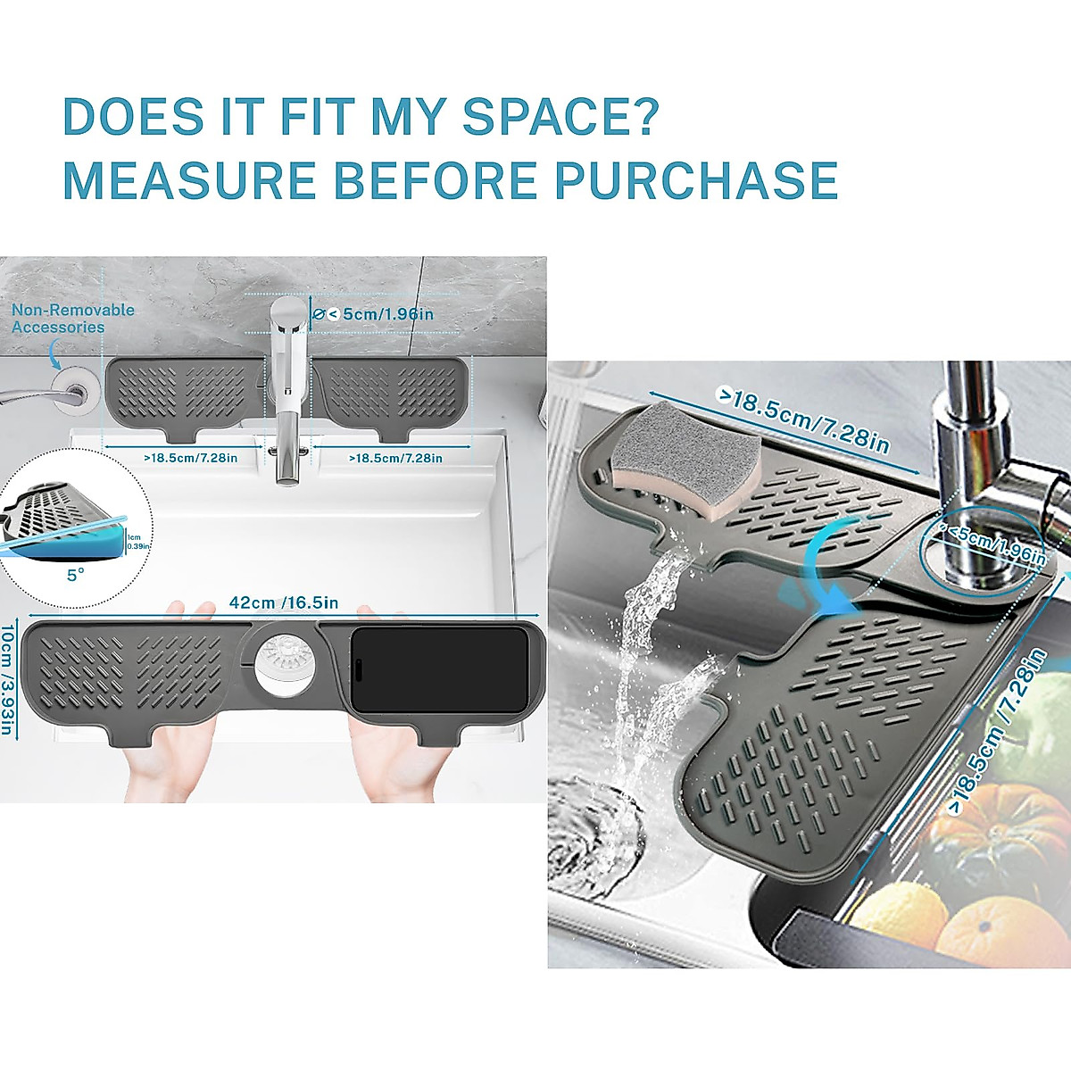 Daily Treasures 2-Pack Rotatable Silicone Faucet Splash Guard, 5° Large Slope Sink Splash Guard, (9.64"x3.9") Splash Guard for Sink Faucet Mat for Bashroom Kitchen Sink (Grew)