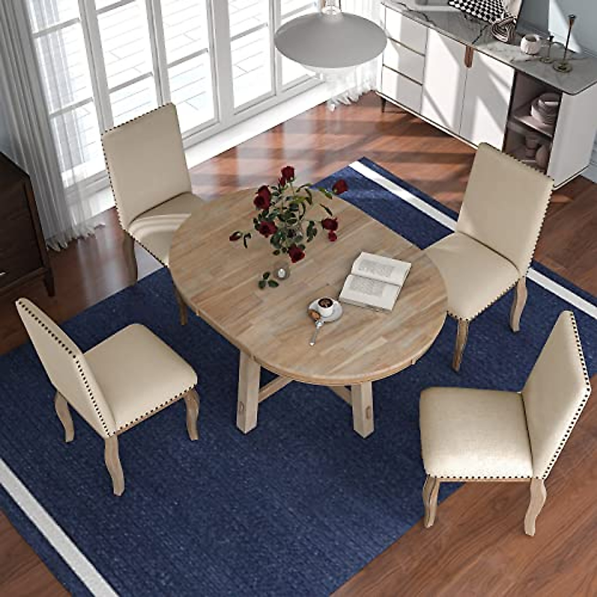 Mojay 5-Piece Dining Table Set with Wood Round Oval Dining Room Extension Table and 4 Upholstered Chairs, Natural Wood Wash Finish, Perfect for Dining Room