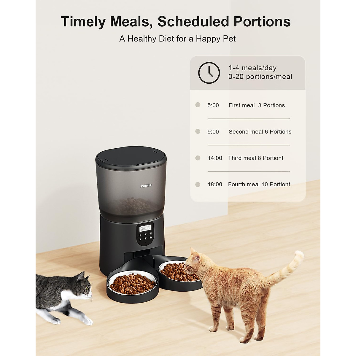 Automatic Cat Feeders for Two Cats, Katalic 6L/25.4cup Double Automatic Cat Food Dispenser with 2 Stainless Bowls,10s Meal Call and Timer Setting 20 Portions 4 Meals Per Day,Pet Feeder for Cat and Dog