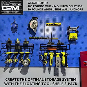 c2M Heavy Duty Floating Tool Shelf & Organizer | Wall Mounted Garage Storage Rack for Handheld & Power Tools | USA Made, 100# Weight Limit, Compact Steel Design | Perfect for Dewalt Tools | Yellow
