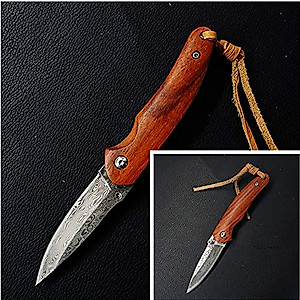 KUNSON Folding Pocket Knife 2.6” Damascus Steel Blade and Natural Classic Red Sandalwood Handle Design, Outdoor EDC Portable Carry Keychain Knife