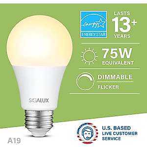 Sigalux A19 LED Light Bulb Energy Star Certified, 75 Watt Equivalent, Dimmable LED Bulb Soft White 2700K 1100LM 11.5W, E26 Standard Led Bulbs, UL Listed, 6 Pack,0075682701