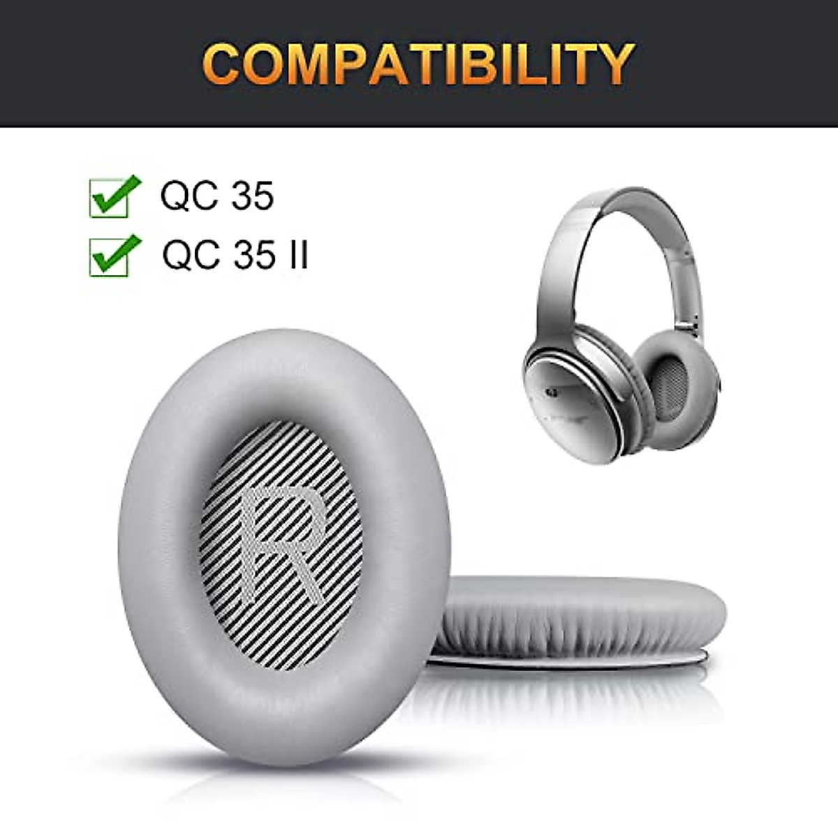 BINGLE Upgraded QC35 Replacement Ear Pads for Bose & Sound Insulation Bose QC35 ii Replacement Ear Pads, Added Thickness QC35 Replacement Headphone Pads with Soft Leather, Memory Foam Gray