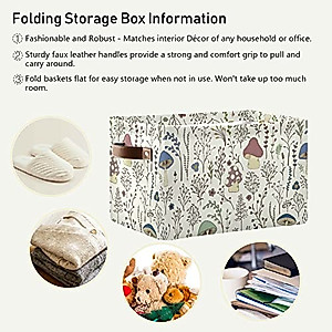 ZOEO Large Storage Basket, Mushroom Plant Flower Foldable Storages Box Organizer Bins with Leather Handles for Shelves Closet Bedroom, Theme Party
