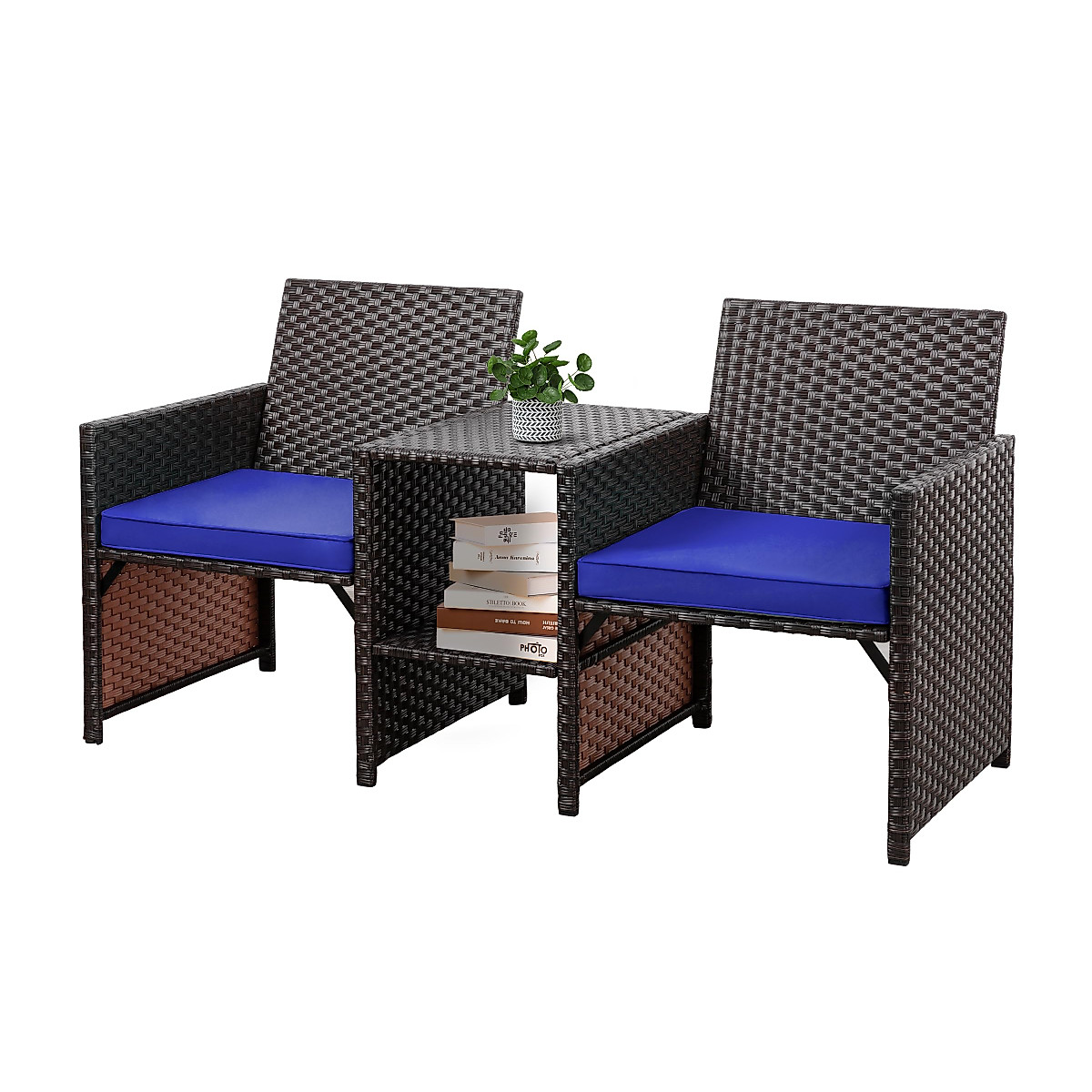 SUNLEI Outdoor Rattan Loveseat, Wicker 2-Seat Patio Conversation Furniture Set with Built-in Table & Removable Cushions for Balcony, Lawn, Backyard (Black Rattan/Royal Blue)