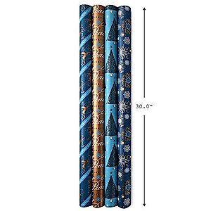 Hallmark Reversible Christmas Wrapping Paper Bundle, Elegant Blue and Gold (4 Rolls: 150 sq. ft. ttl.) Dark Blue, Gold, Teal Snowflakes, Peace, Stripes, Geometric