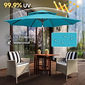 FLAME&SHADE 9 ft Double Top Outdoor Market Patio Table Umbrella with Tilt, Aqua Blue
