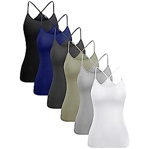 Geyoga 6 Pcs Women Camisoles Y Back Basic Cami Spaghetti Strap Tank Tops Workout Clothes for Girls Stretch Yoga Undershirt (L)