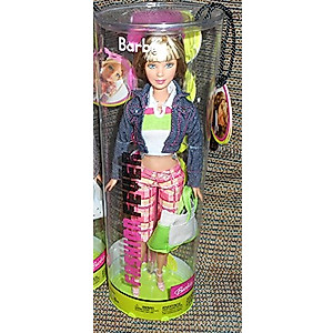 Barbie Fashion Fever Doll with Blue Jean Jacket, Cropped Plaid Pants, Green and Khaki Canvas Bag, Pink Sandal Heels
