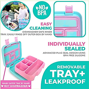 kinsho Bento Lunch Box. Insulated Bag, Water Bottle & Ice Pack Set for Kids, Toddlers, Girls. 5 Portion Sections, Removable Tray, Pre-School Toddler Daycare Lunches, Snack Container, Aqua Cat Mermaid