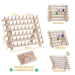 Simthread [Upgraded] 60x2 Spools Wooden Thread Holder, Braiding Rack, Organizer Stand with Hanging Hooks for Embroidery Sewing Thread Rack