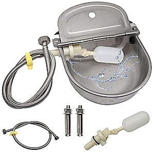 Automatic Animal Waterer Bowl with Float Valve, 304 Stainless Steel Automatic Livestock Drinking Water Trough Kit Includes Water Bowl, 2 Hoses,2 Float valves & Mounting Bolts