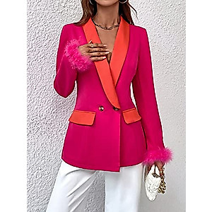 WDIRARA Women's Colorblock Fuzzy Trim Shawl Collar Double Button Work Office Jacket Blazer Pink and Orange S