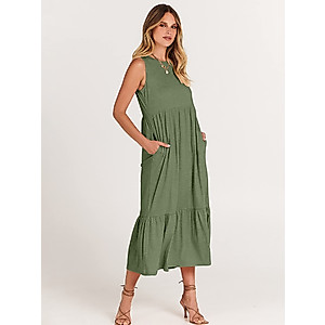 ANRABESS Women Summer Casual Sleeveless Crewneck Sundress Aline Flowy Tiered Maxi Long Beach Dress Vacation Outfits Large Green