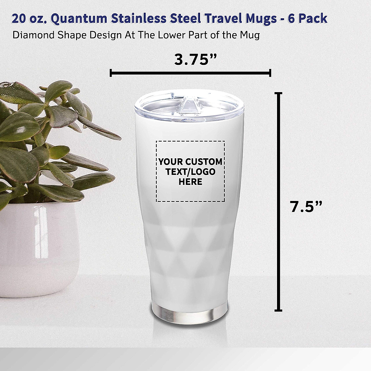 Personalized 20 oz. Quantum Stainless Steel Travel Mugs - 6 pack Custom Text, Logo - White
