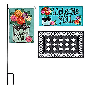 Evergreen Indoor Outdoor Welcome Y'all Bundle Set of 4 - Garden Flag Stand and Flag, Sassafras Doormat Frame and Sassafras Insert