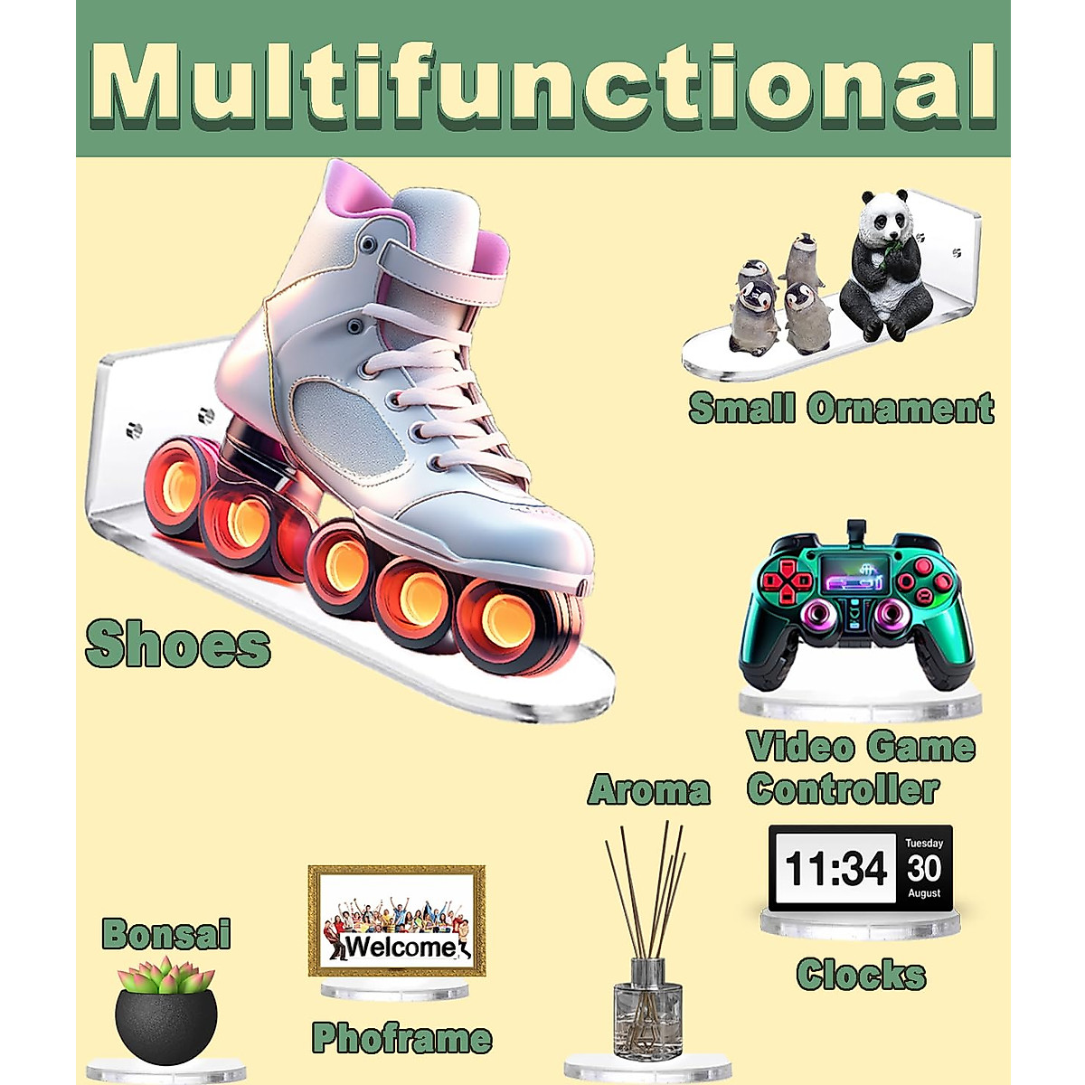 UVAPEK Floating Shoe Display Shelf, 6 Pack Acrylic Levitating Shoe Shelves for Wall Mount, Floating Shelves for Bedroom Playroom Showcase Sneaker Collection or Shoes Box, Easy to Install, Square-6