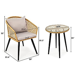 YITAHOME 3-Piece Outdoor Patio Furniture Wicker Bistro Set, All-Weather Rattan Conversation Chairs for Backyard, Balcony and Deck with Soft Gray Cushions, Glass Side Table Light-Yellow