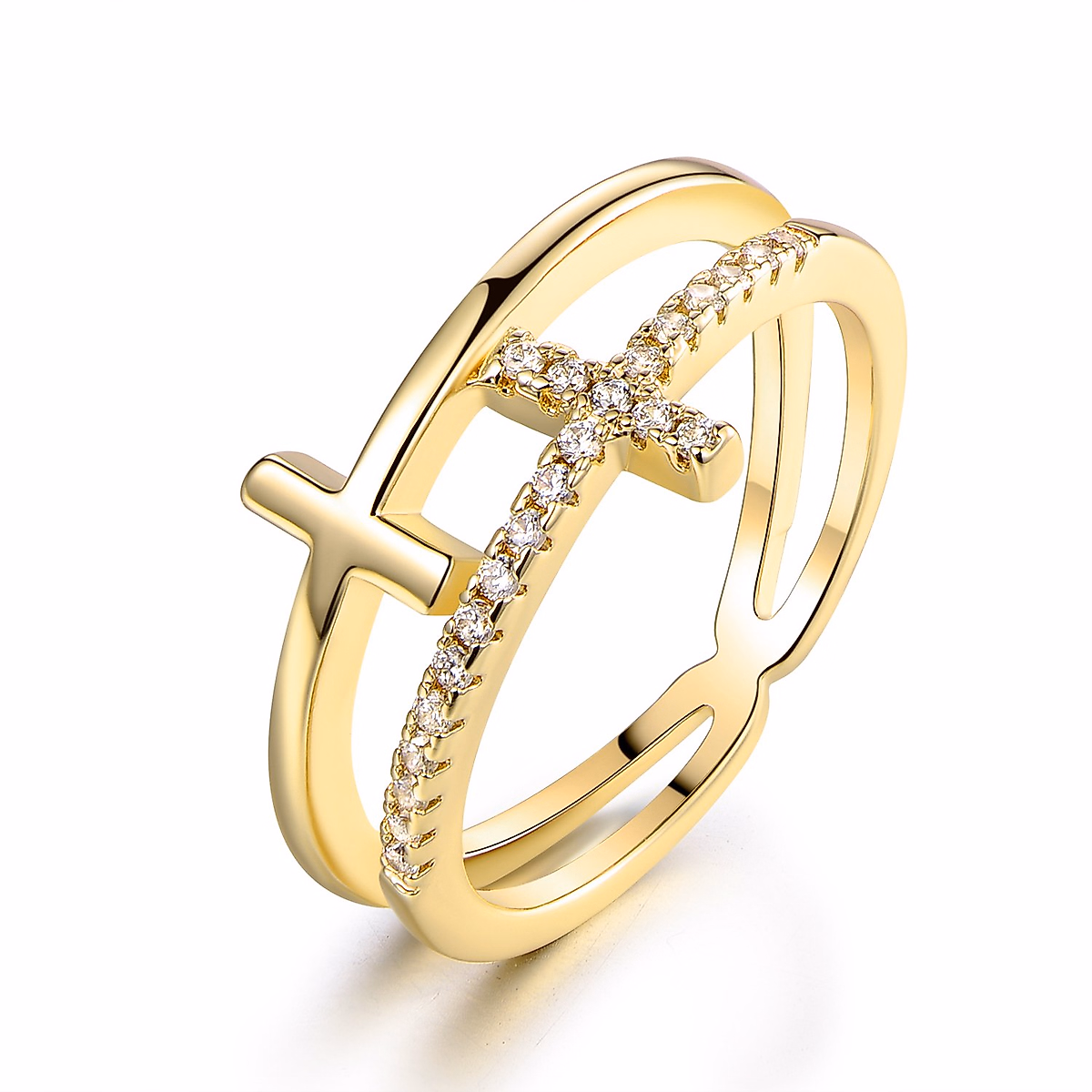 Barzel 18k Gold Plated Cubic Zirconia Double Cross Ring (Gold, 7)
