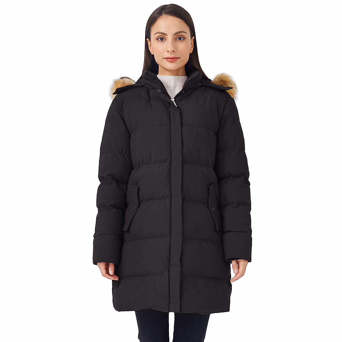 WenVen Women's Winter Thicken Warm Coat with Fur Removable Hood (Black, XL)