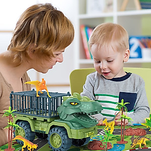 Niwoed Dinosaur Transport Truck Playset, Large Size Tyrannosaurus Vehicle Carrier Car Toys for 3 4 5 6 7 8 9 10 Years Old Boys Girls Kids Gifts, Monster Truck with 12 Dino Figures & Play Mat