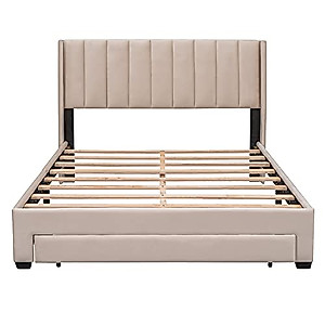 Prohon Queen Bed Frame with Wingback Headboard and A Big Storage Drawers on Endbed, Velvet Upholstered Platform Bed w/Wood Slats Support Mattress Foundation,No Box Spring Needed,Easy to Install,Beige