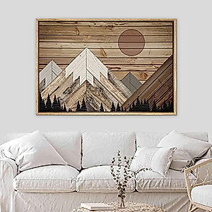 SIGNWIN Framed Canvas Print Wall Art Western Decor Sun Shines Over Snowy Mountain Forest Nature Wilderness Wood Panels Modern Art Rustic Landscape for Living Room, Bedroom, Office - 24"x36" Natural