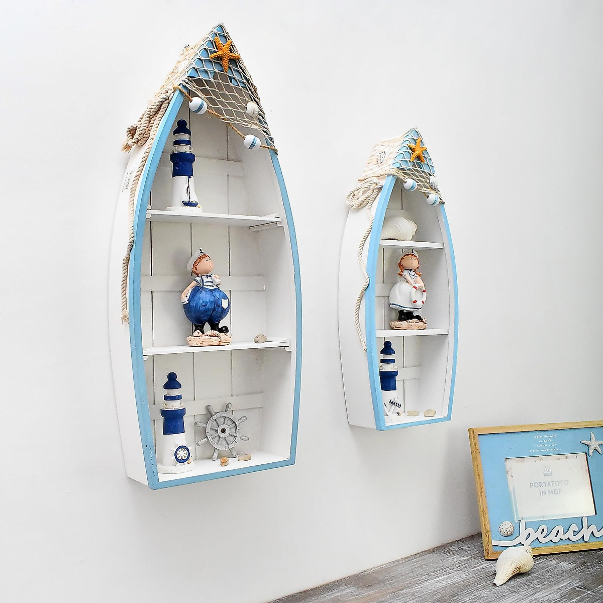 Morning View Wood Boat Shelf Decor Nautical Beach Theme Display Boat with 2 Shelves Standing Boat Shelf Wooden Boat Shelf Nautical Home Decor 19 Inch and 24 Inch 2 Pack