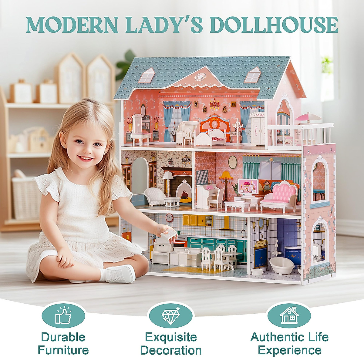 ROBUD Wooden Dollhouse for Kids Girls, Toy Gift for 3 4 5 6 Years Old, with Furniture