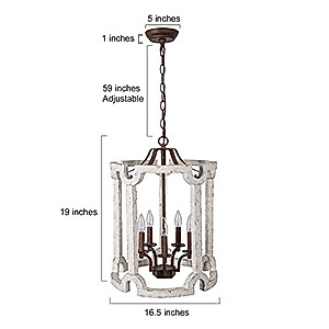 LOG BARN Farmhouse Chandelier, 5-Light Lantern Chandelier for Foyer, Kitchen Island, Dining Room, Weathered White Wood, 16.5’’ W