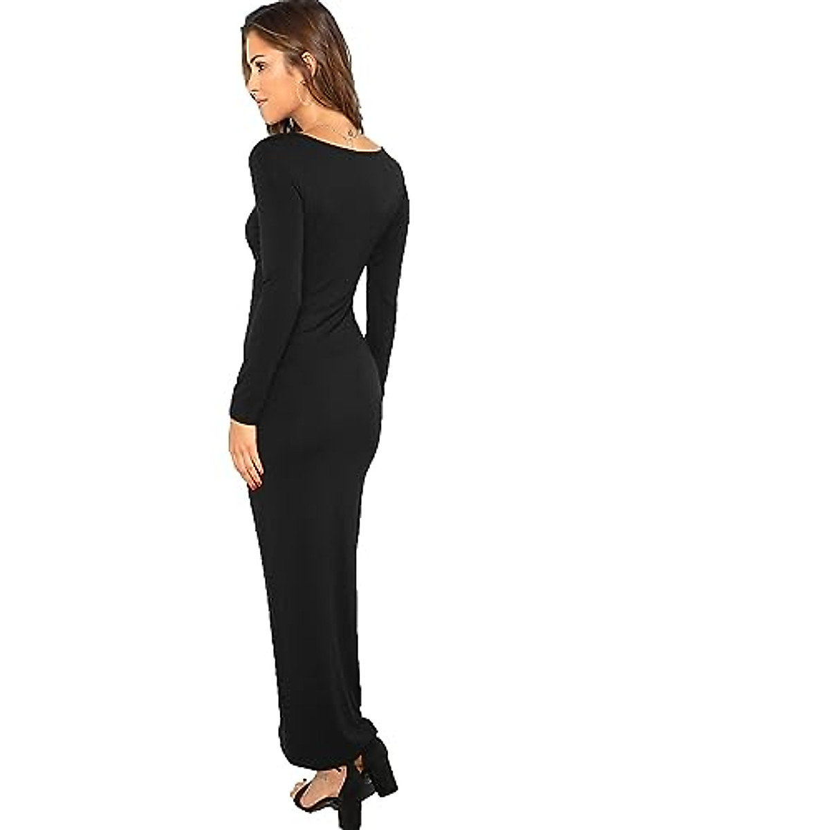 Verdusa Women's Long Sleeve Square Neck Bodycon Maxi Long Dress Black L