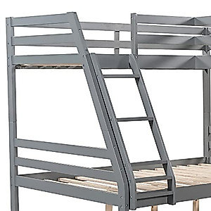 Merax Wood L-Shaped Bunk Bed with a Loft Attached, Triple Bedframe with Desk, Guardrails, and Ladders, Twin Over Full, Gray