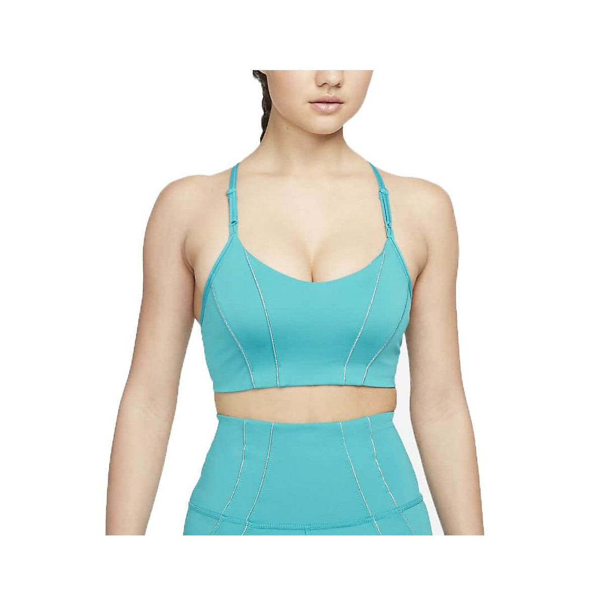 Nike Women`s Yoga Dri-FIT Indy Light-Support Padded Metallic Tape Sports Bra (A(DD1407-356)/M, Medium)