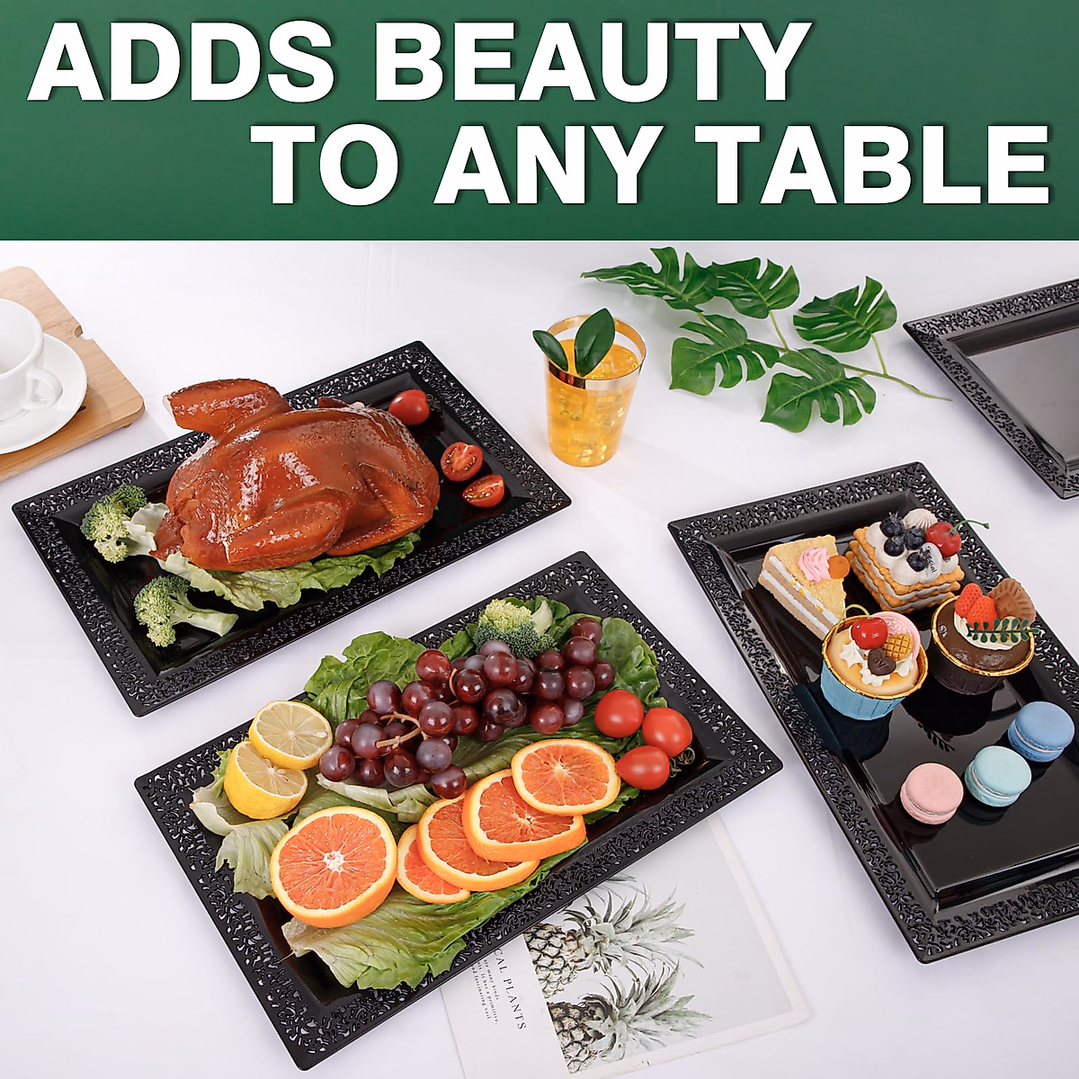 Rubtlamp 12 Pcs Black Plastic Food Serving Trays - 13 X 8 inch Party Serving Trays and Platters - Black Serving Tray - Disposable Serving Party Platters- Black Serving Platter Tray for Halloween,party